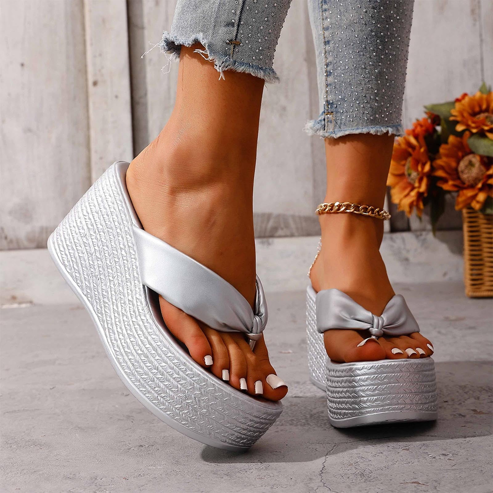 DIVVce Satin Wedge Flip Flops For Women Open Toe Comfortable Non Slip ...