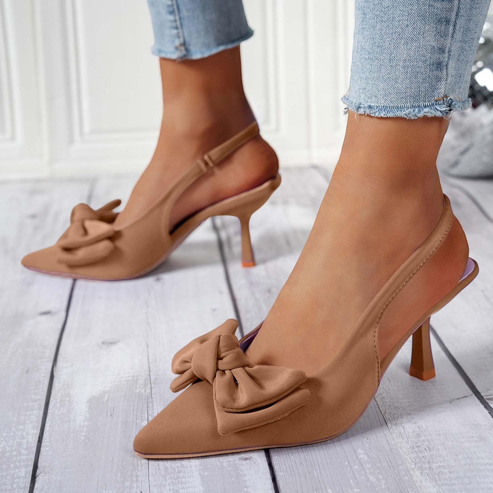 DIVVce Slingback Heels For Women Bow Decor Pointed Toe Comfortable ...