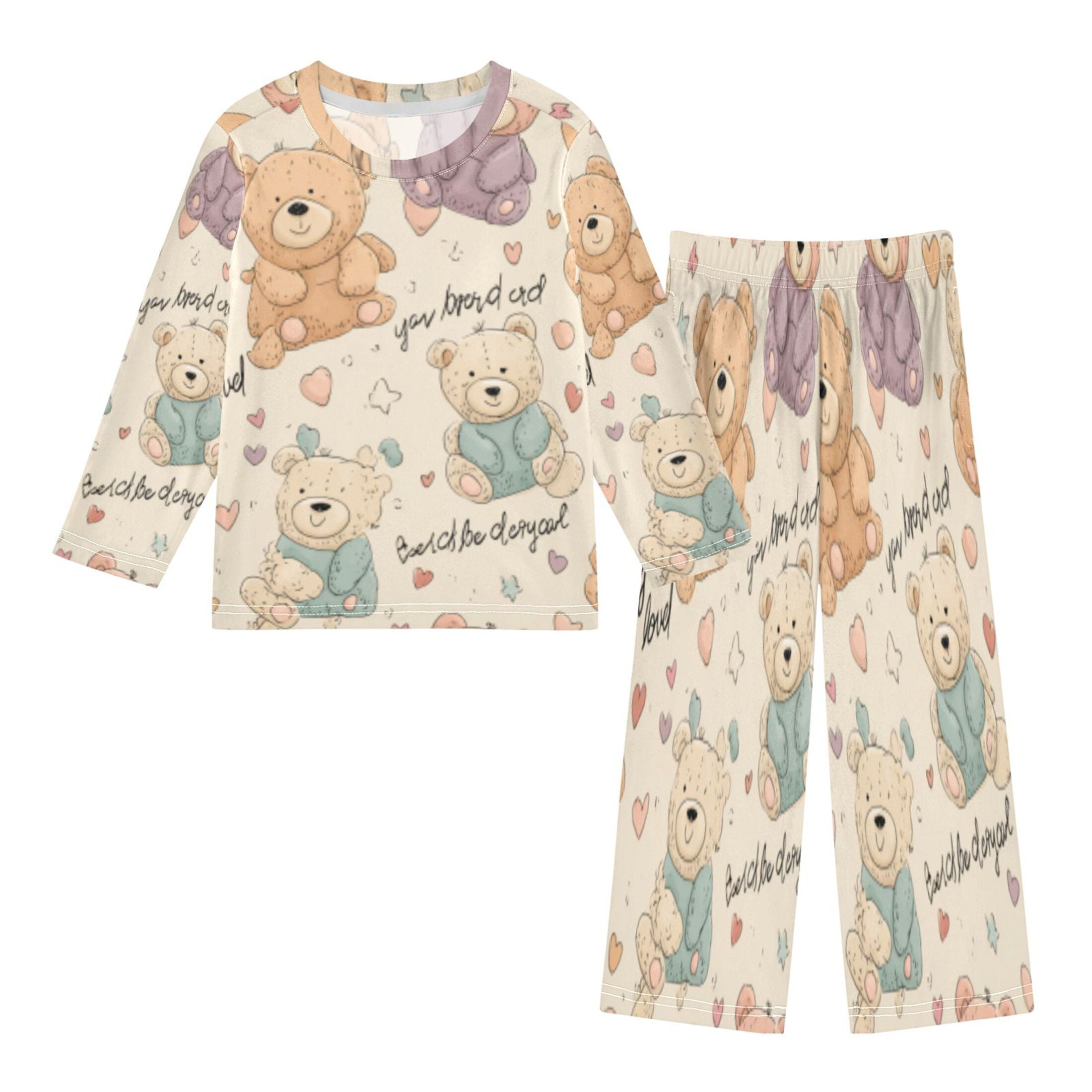 DIXRUYEE Fleece Pajama Set Loose Style Elastic Waist Pockets Bear Love ...