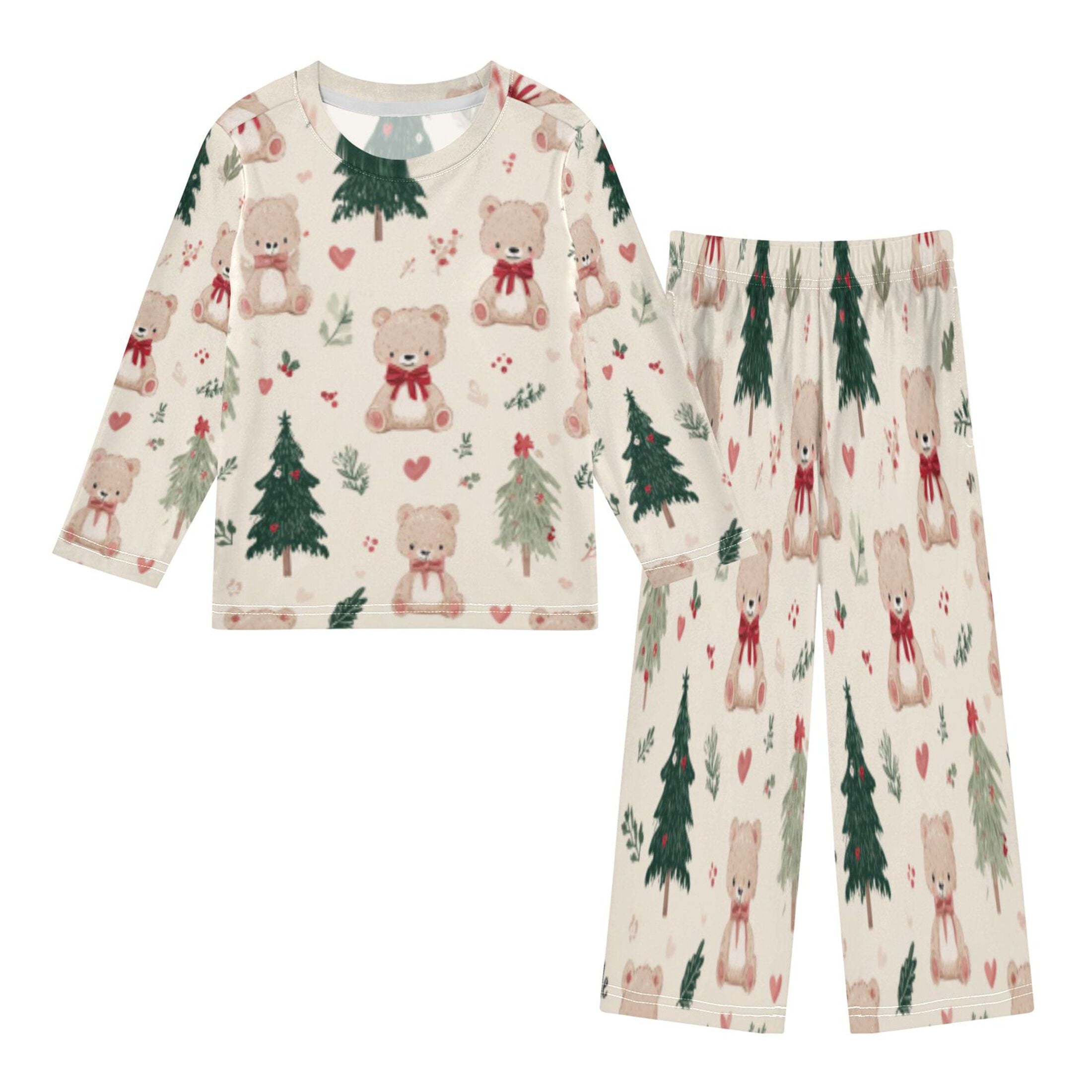 DIXRUYEE Fleece Pajama Set Loose Style Elastic Waist Pockets Bear Tree ...