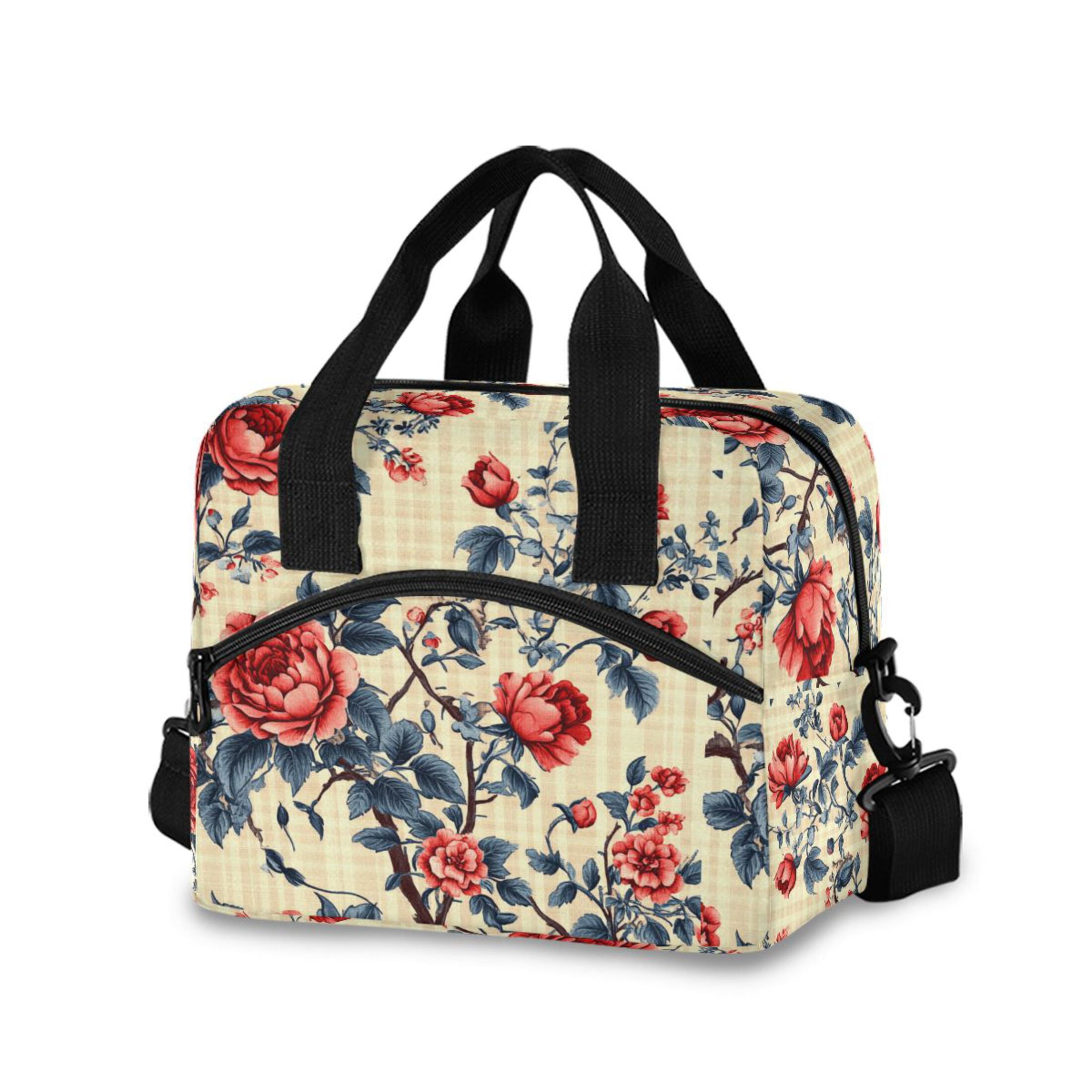DIXRUYEE Lunch Bag Double Deck Lunch Cooler Box Tote Bag Fashion Roses ...