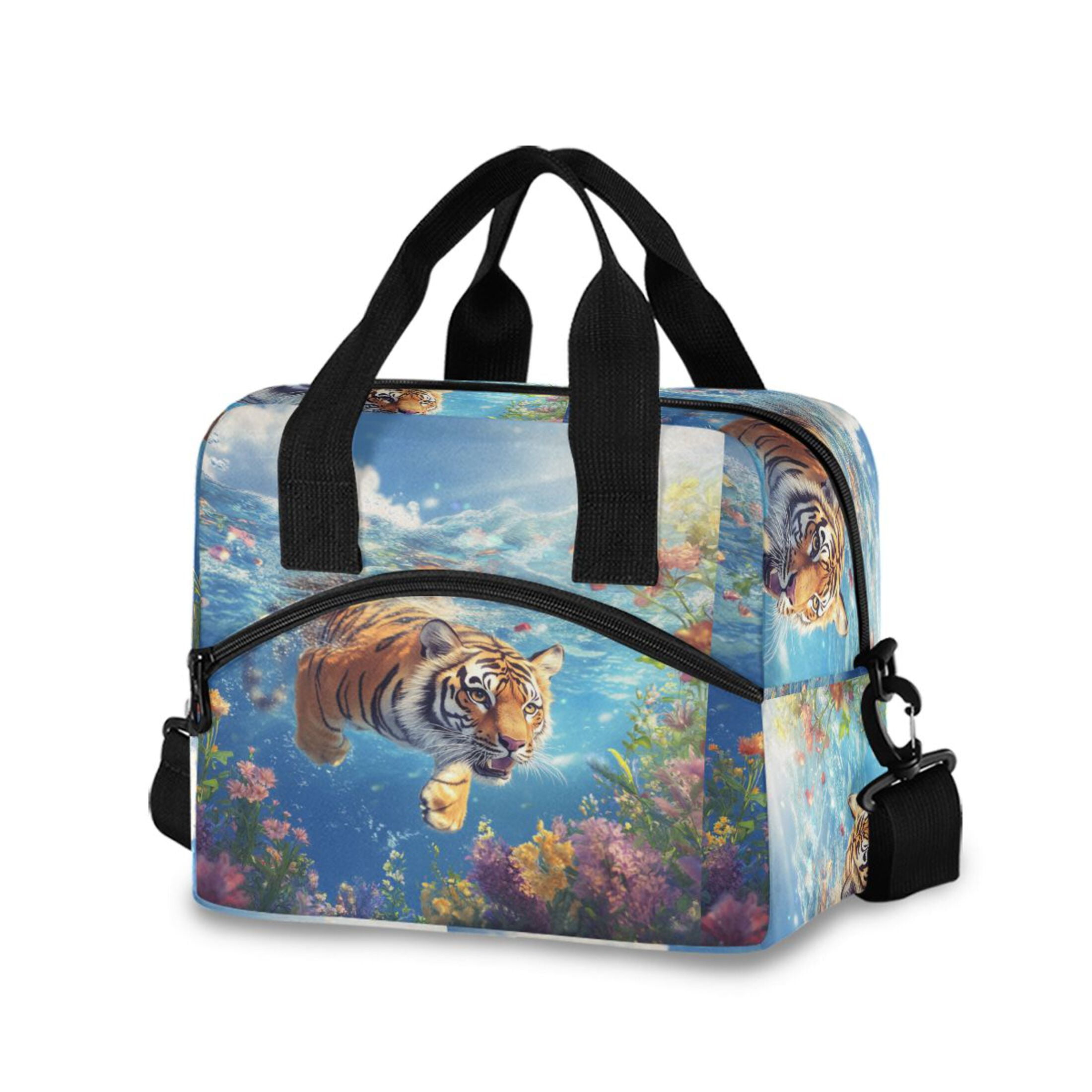 DIXRUYEE Lunch Bag Double Deck Lunch Cooler Box Tote Bag Fashion Tiger’s Floral Splash Printed ...