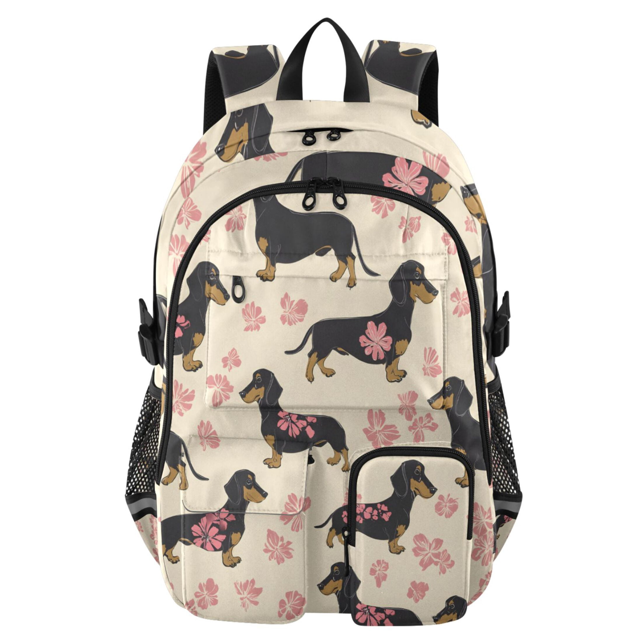 DIXRUYEE Pink Flower Dachshund Pattern Backpack for School 14”Laptop ...