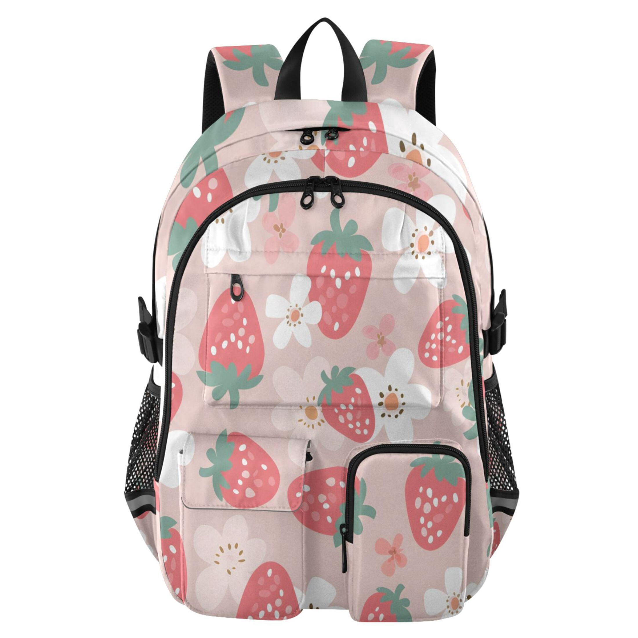 DIXRUYEE Pink Strawberr White Flower Pattern Backpack for School 14 ...