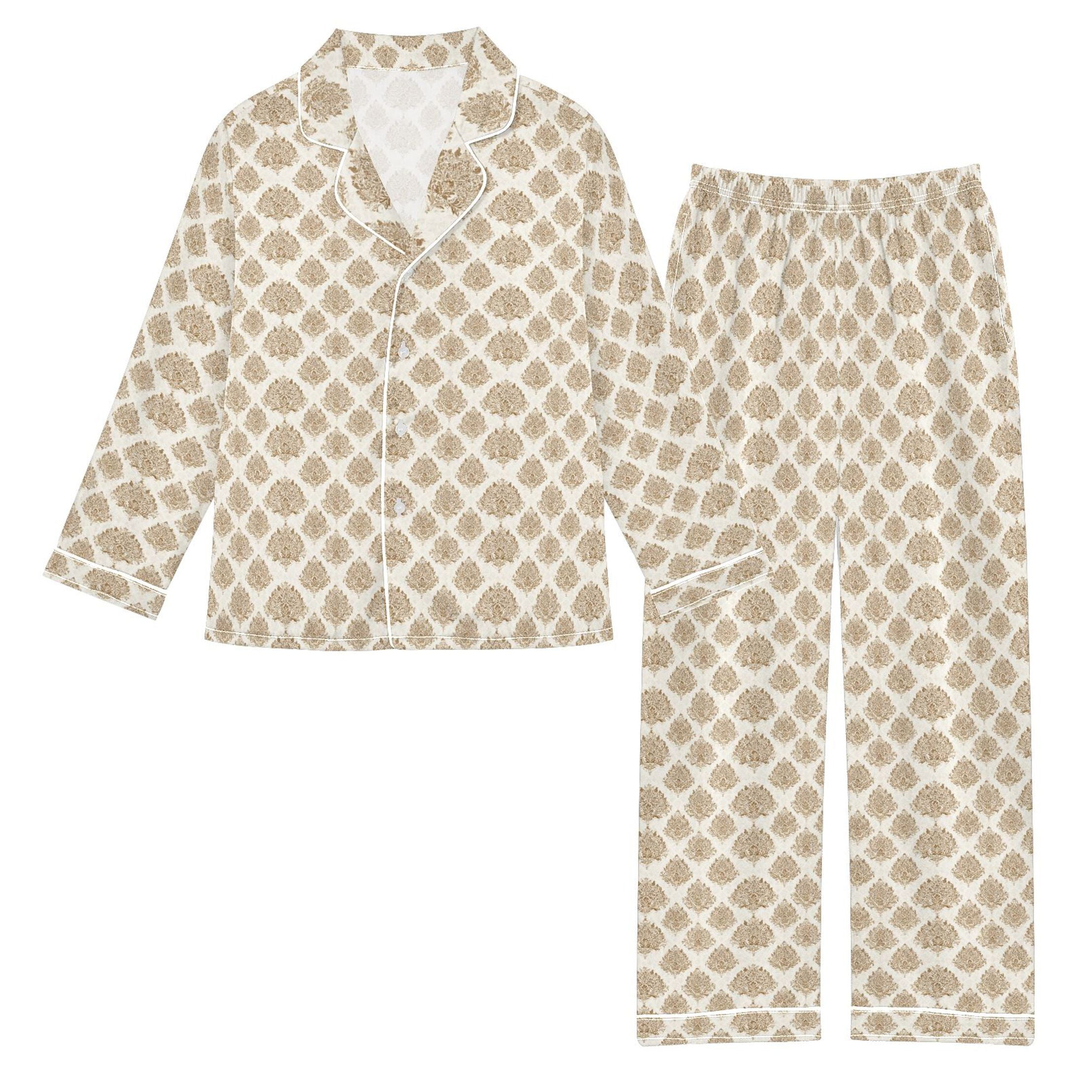 DIXRUYEE Satin Pajama Set Cream Gold Ornate Printed - Walmart.com