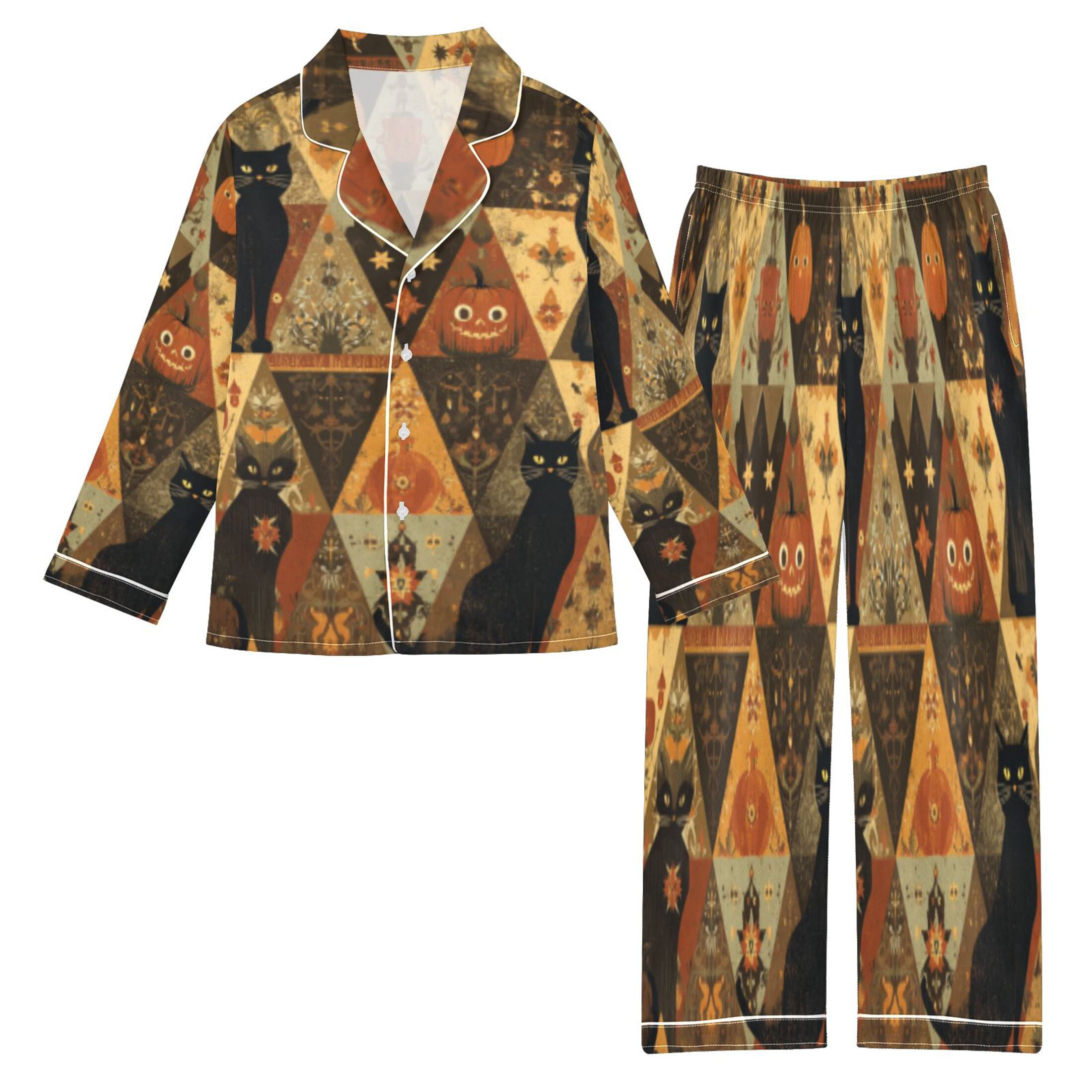 DIXRUYEE Satin Pajama Set Mystic Black Cats in Autumn Patterns Printed ...