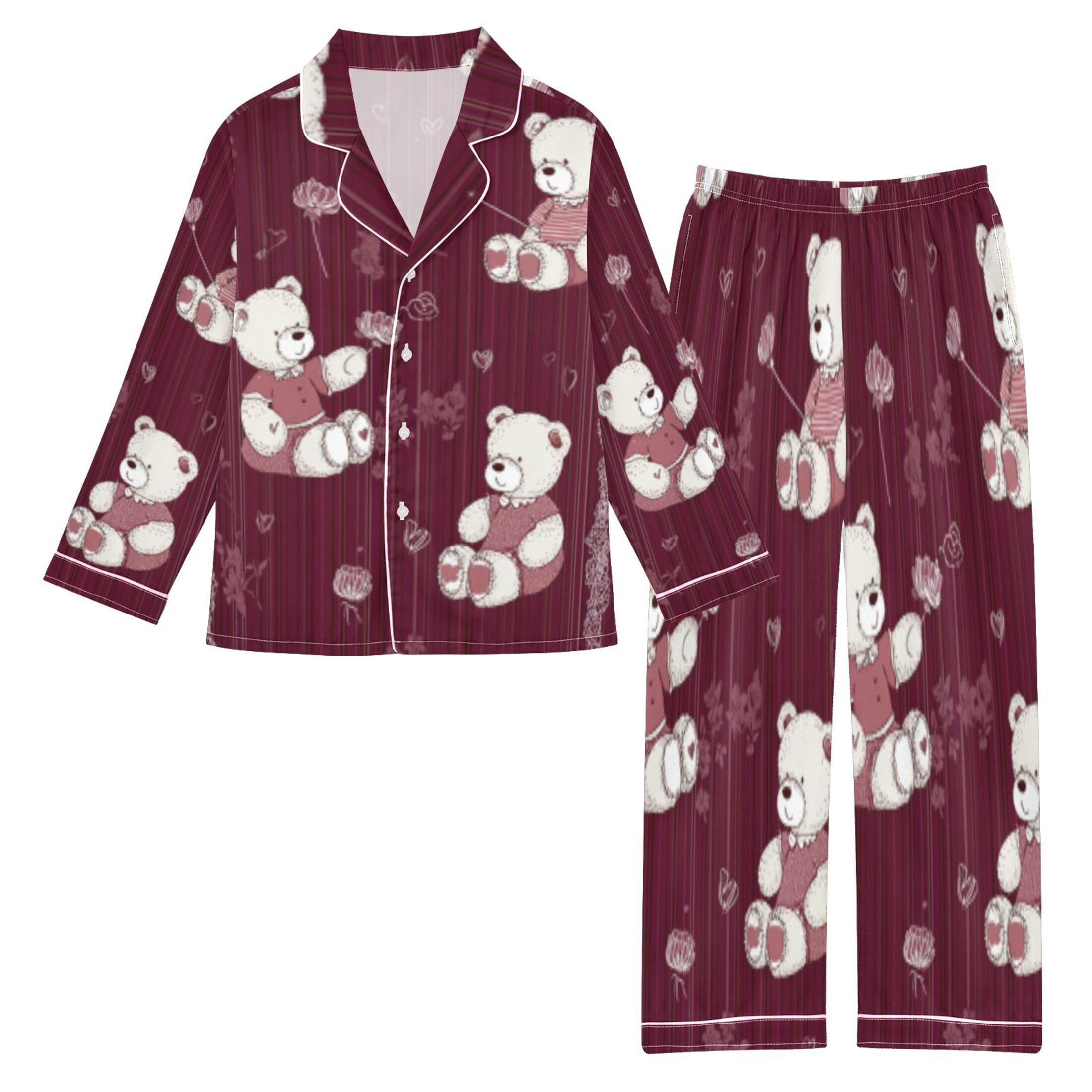 DIXRUYEE Satin Pajama Set Plum Bear Whimsy Printed - Walmart.com