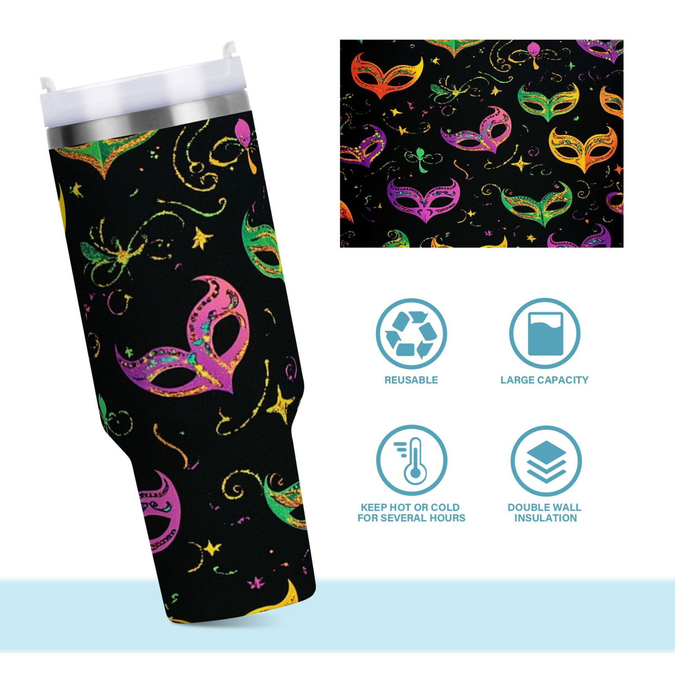 DIXRUYEE Steel Water Bottles Tumbler Creative Carnival Masks Pattern ...