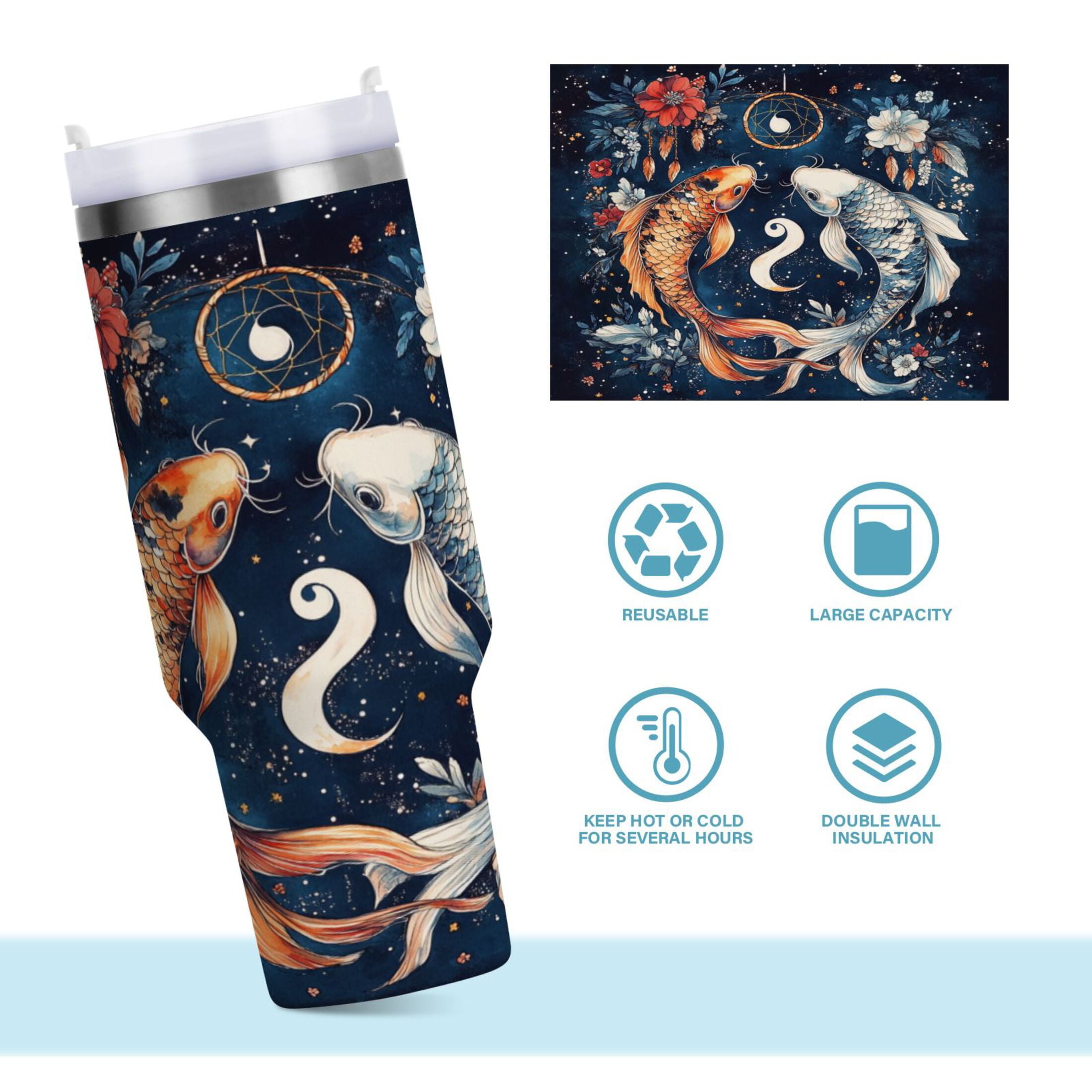 DIXRUYEE Steel Water Bottles Tumbler Creative Celestial Koi Synchronicity Pattern 40oz/30oz ...