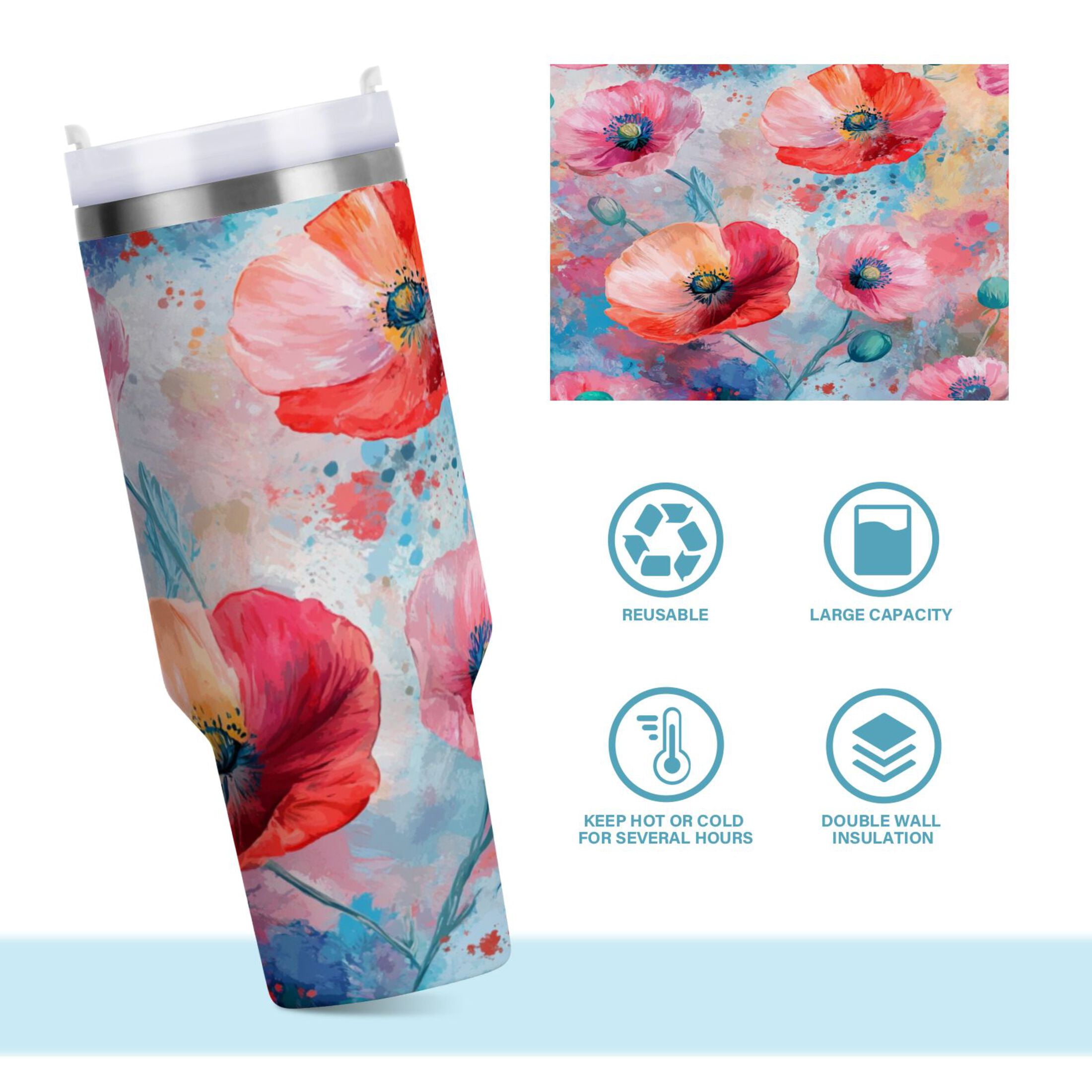 DIXRUYEE Steel Water Bottles Tumbler Creative Poppy Explosion Pattern ...