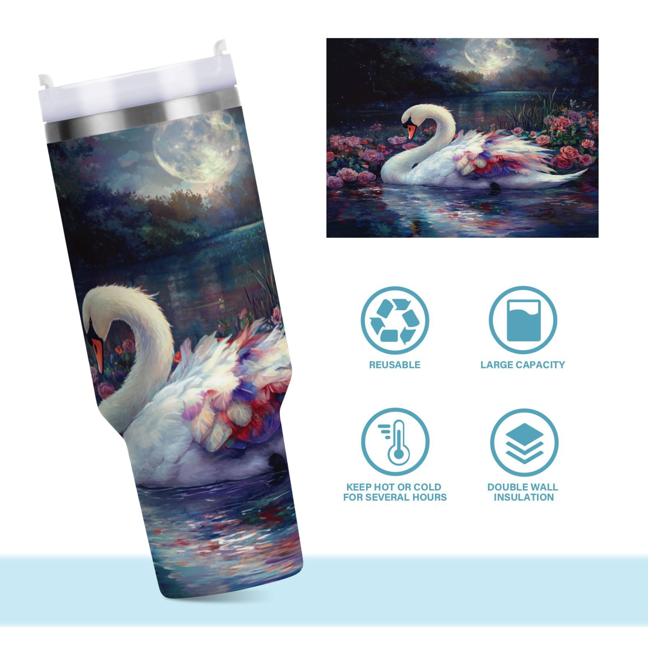 DIXRUYEE Steel Water Bottles Tumbler Creative Swan Among Flowers at Night Pattern 40oz/30oz ...
