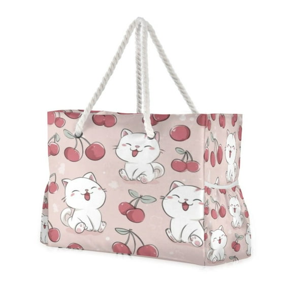 DIXRUYEE Travel Tote ShoulerBag Creative Pink Cherry White Cat Pattern ...