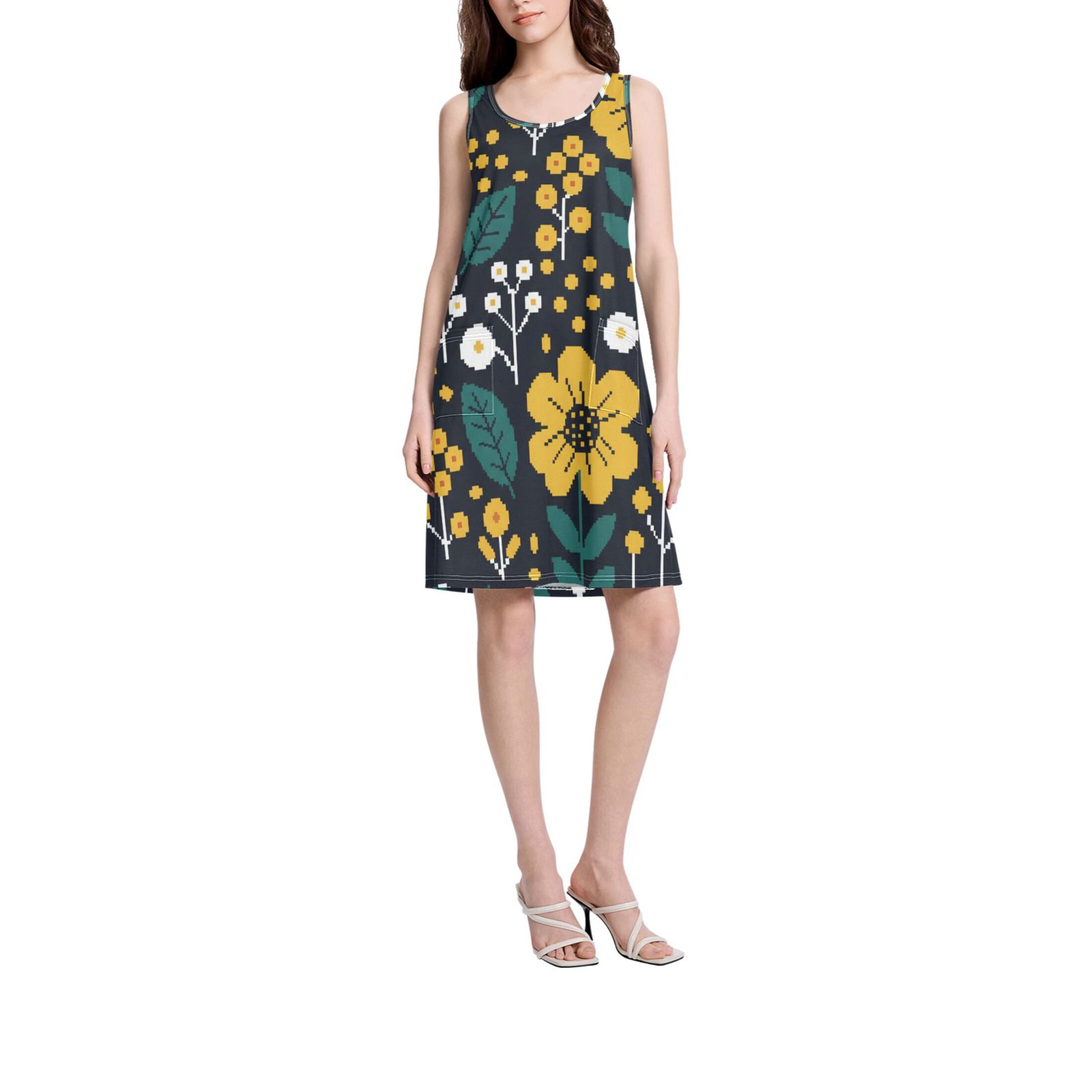 DIXRUYEE Womens Dresses Loose Neck Sleeveless Oversize Yellow Floral on ...