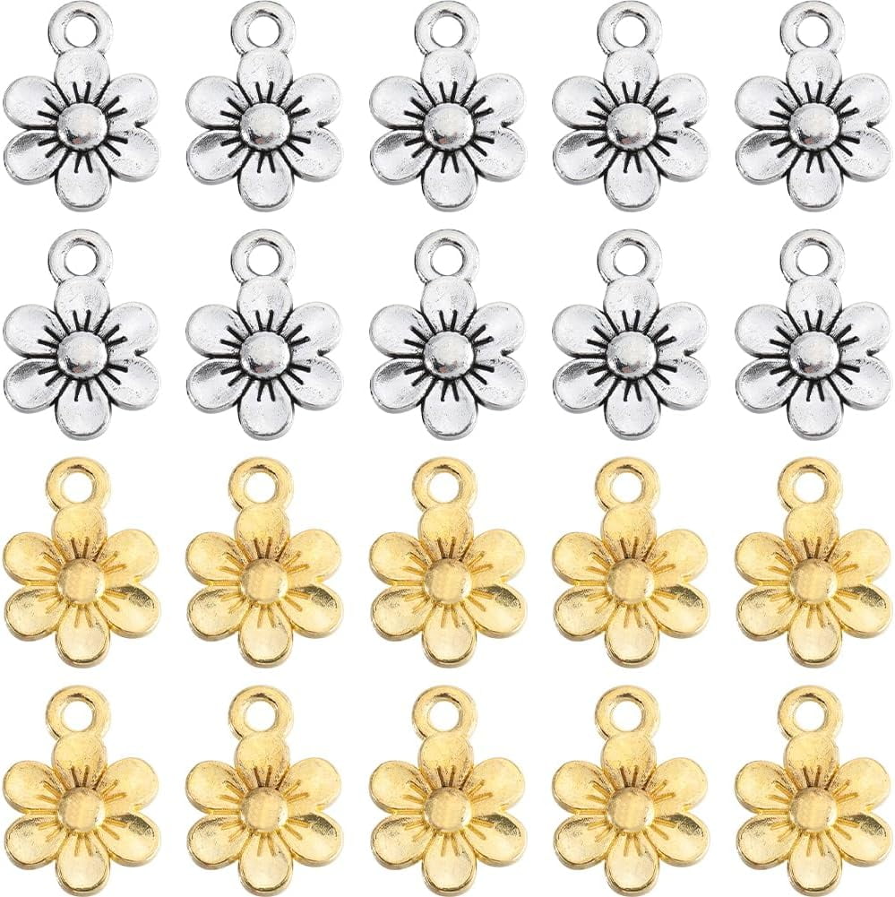 DIY 1 Box 100Pcs Gold Silver Flowers Charms Floral Charm Alloy Metal ...