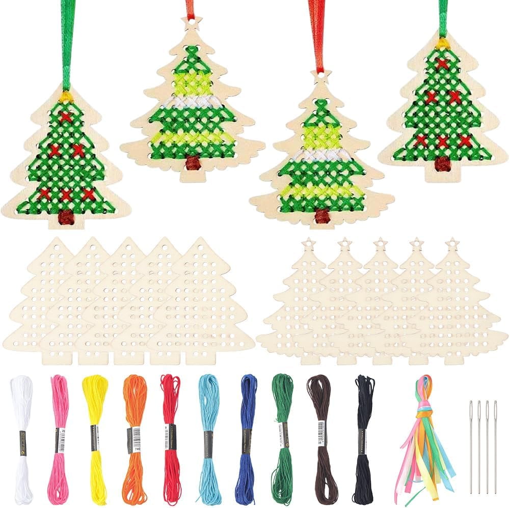 DIY 10 Sets Wooden Stitch Kits Stamped Stitch Kit Christmas Wood ...