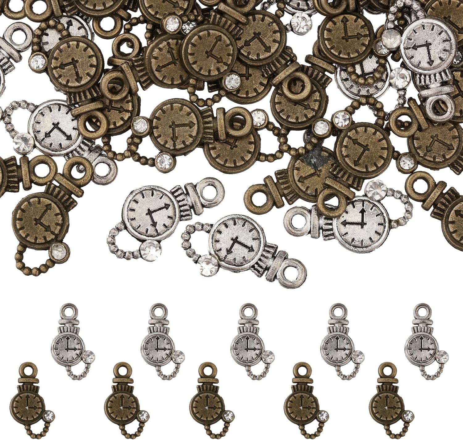 DIY 100Pcs 2 Style Clock Charms Pendants with Rhinestone Finding ...
