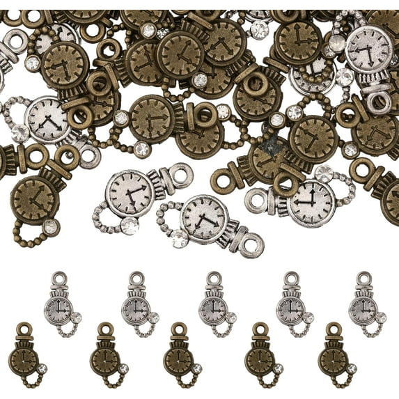 DIY 100Pcs 2 Style Clock Charms Pendants with Rhinestone Finding ...