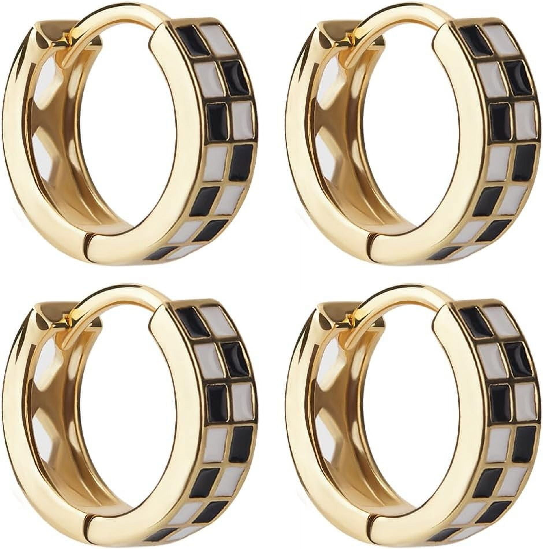 DIY 2 Pairs Checkerboard Hoop Earrings Real 18K Gold Plated Enamel Grid ...