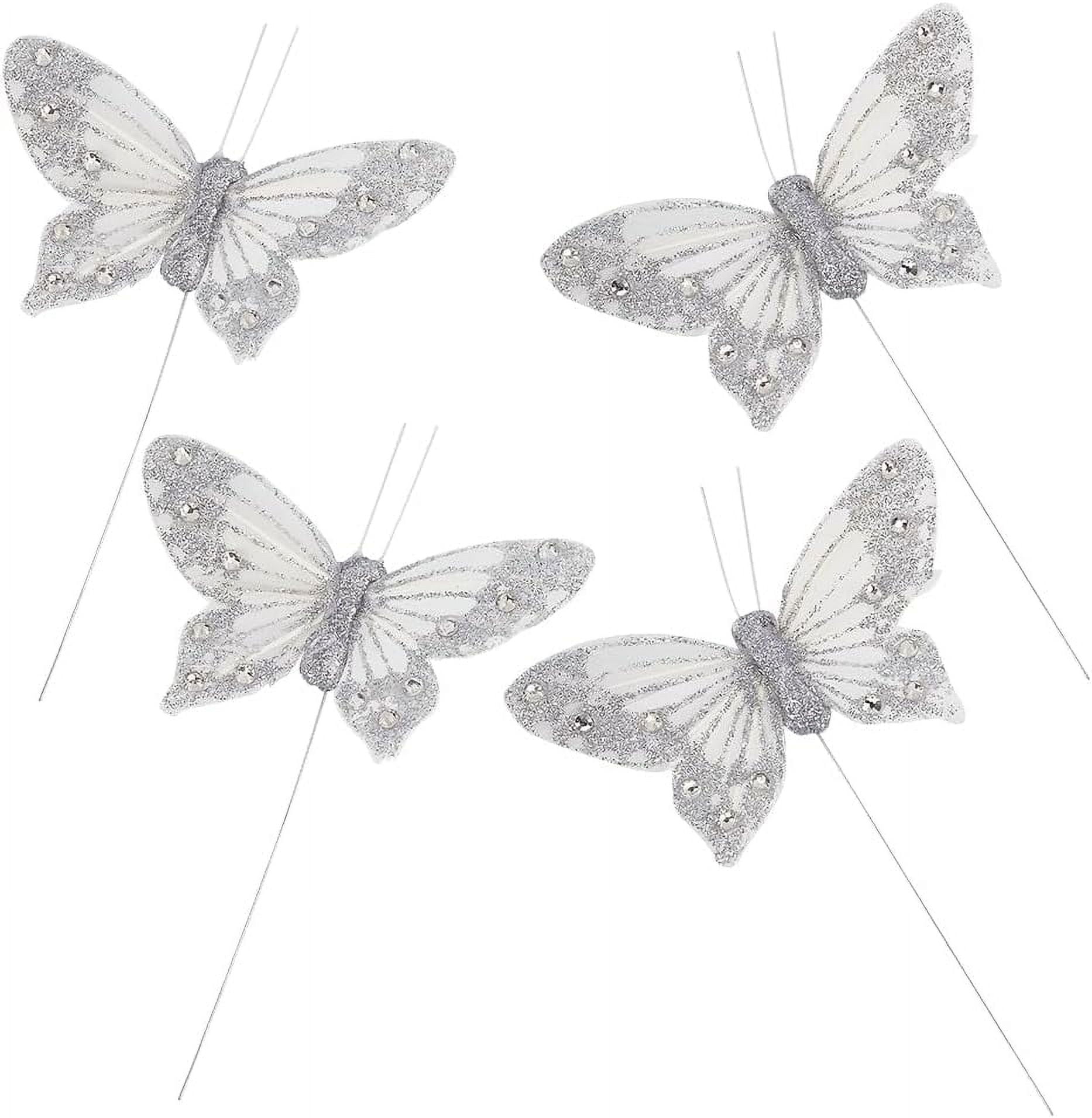 DIY 20 Pcs Glitter Butterflies with Wire White Monarch Butterfly Decor ...