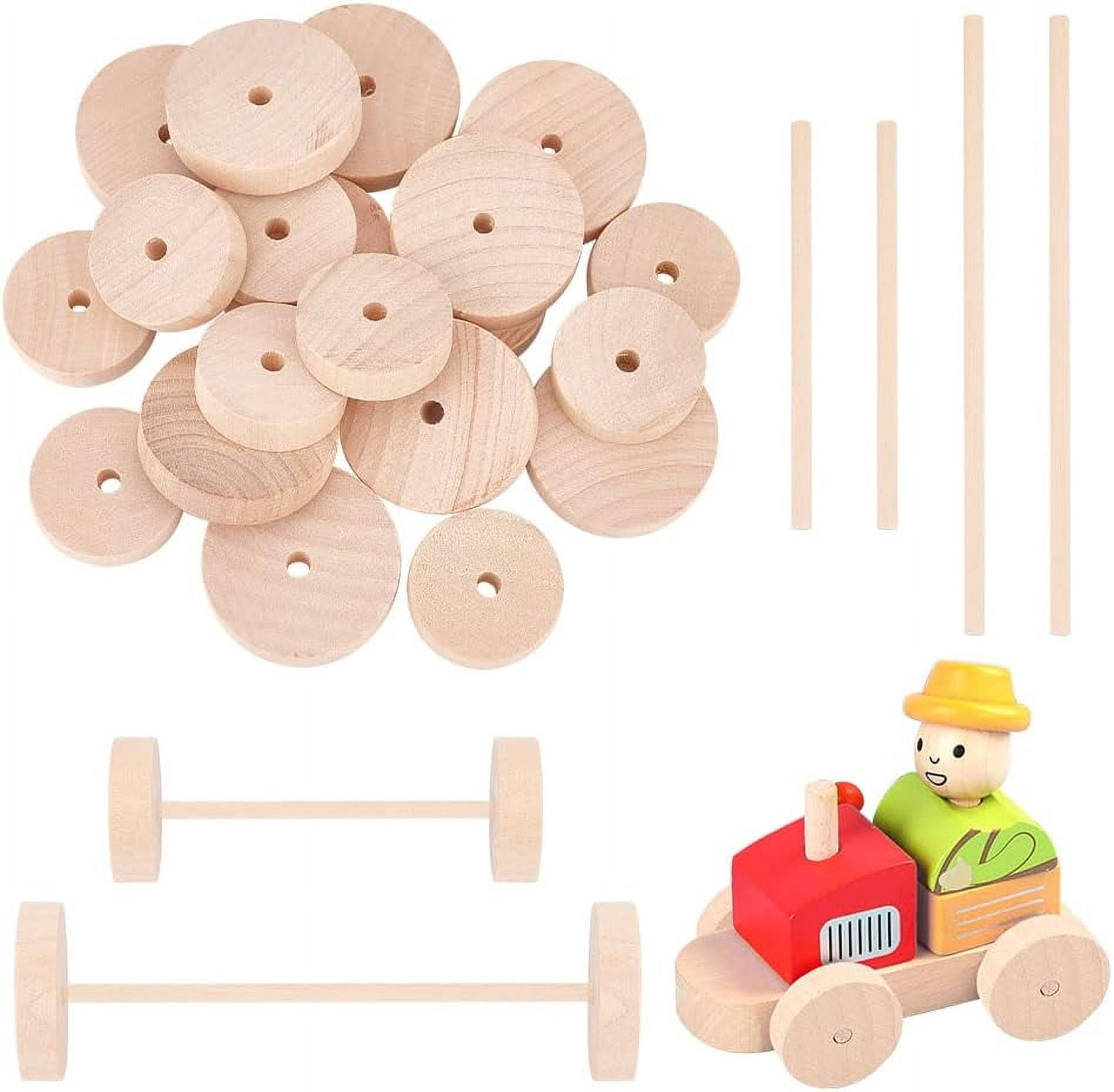 DIY 20pcs Wood Craft Wheels with 20Pcs Wood Sticks Unfinshed Wooden ...