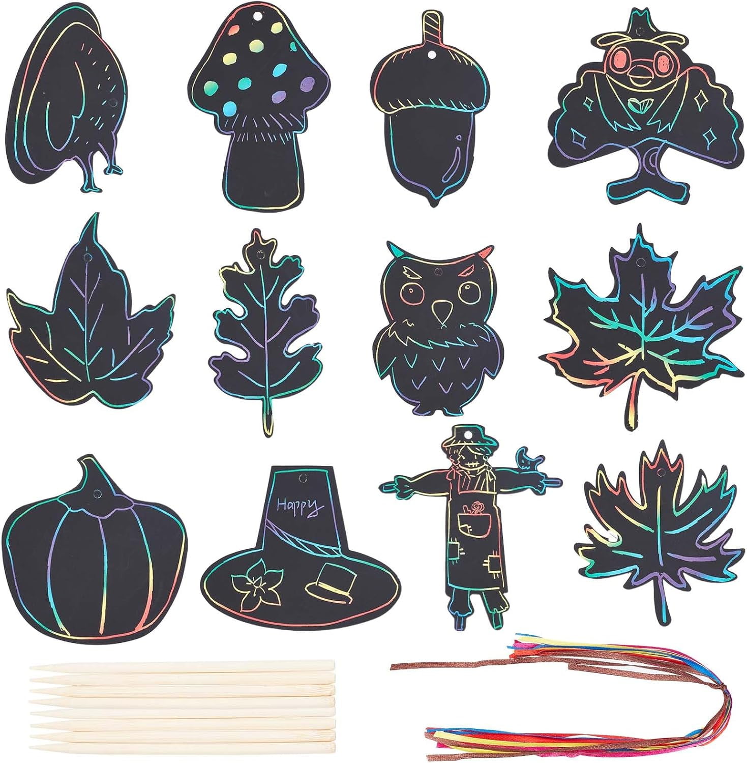 DIY 24Pcs 12 Styles Thanksgiving Fall Rainbow Scratch Paper Art Set ...