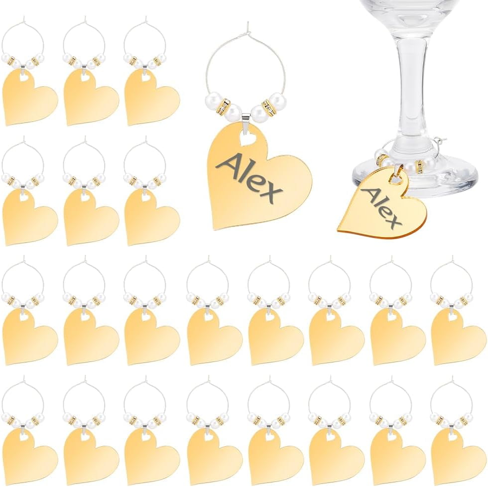 DIY 24pcs Acrylic Wine Glass Charms Heart Golden Wine Glass Name Tags ...