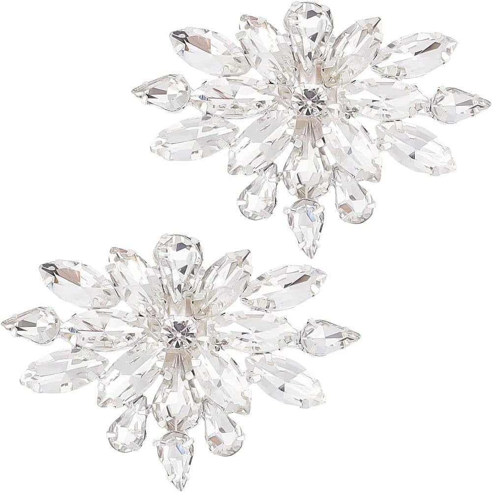 DIY 2PCS Crystal Shoe Clips 59x43mm Silver Rhinestones Flower Shoes ...