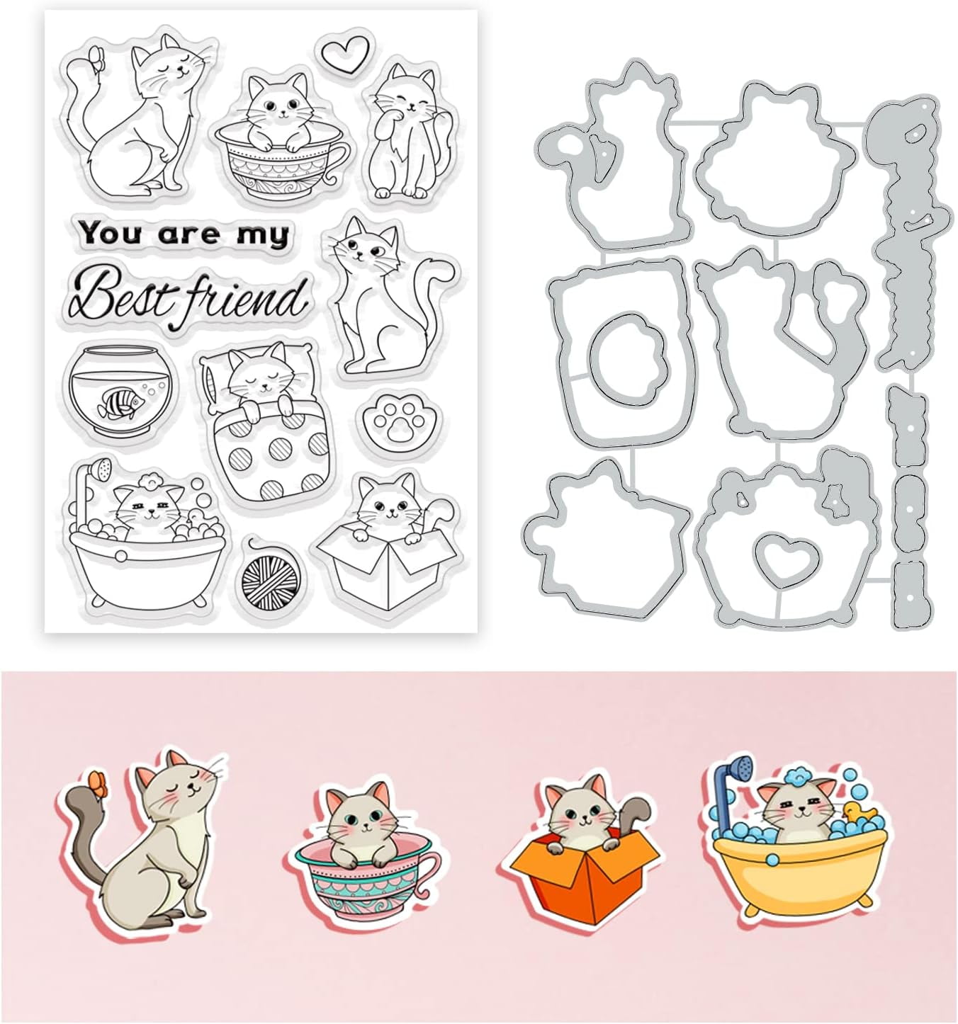 DIY 2pcs Cat Pattern Stamps and Metal Dies for Card Making Cat Bathing ...