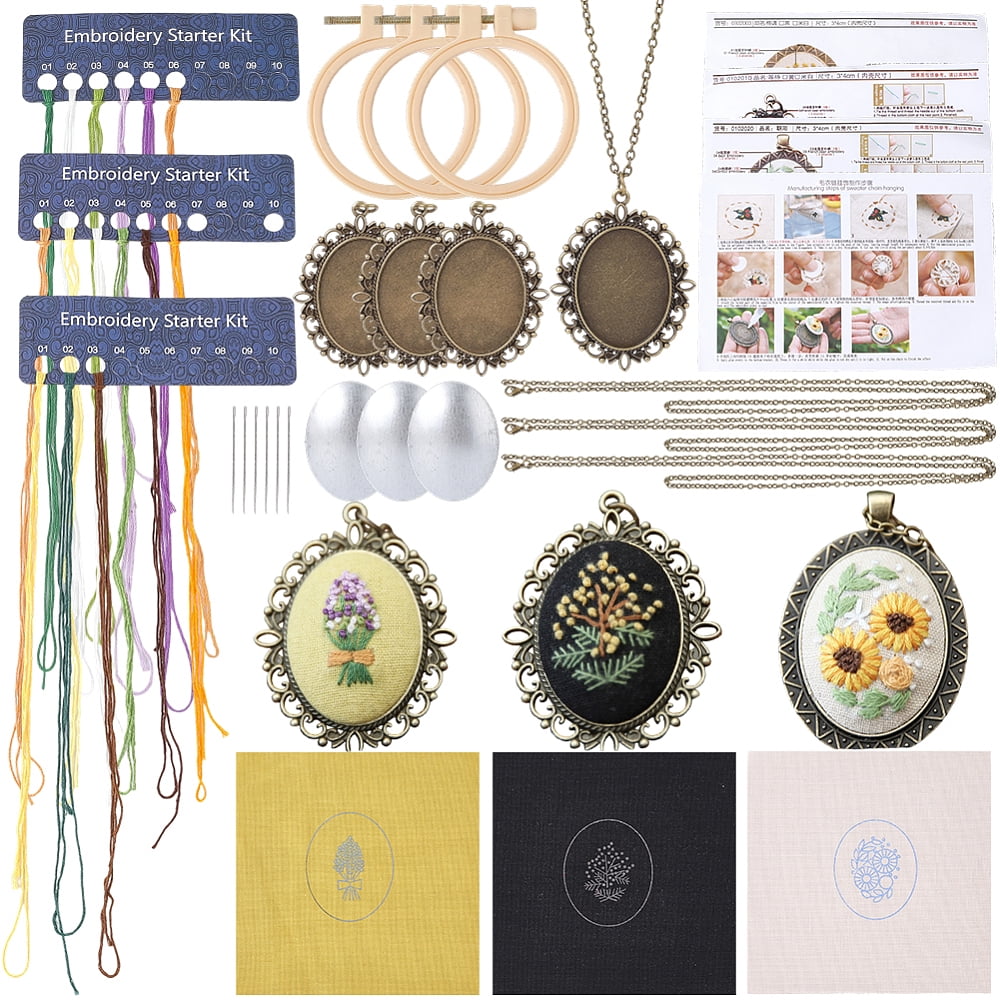 DIY 3 Sets Embroidery Necklace Kit Mini Stitch Kits with Instructions ...