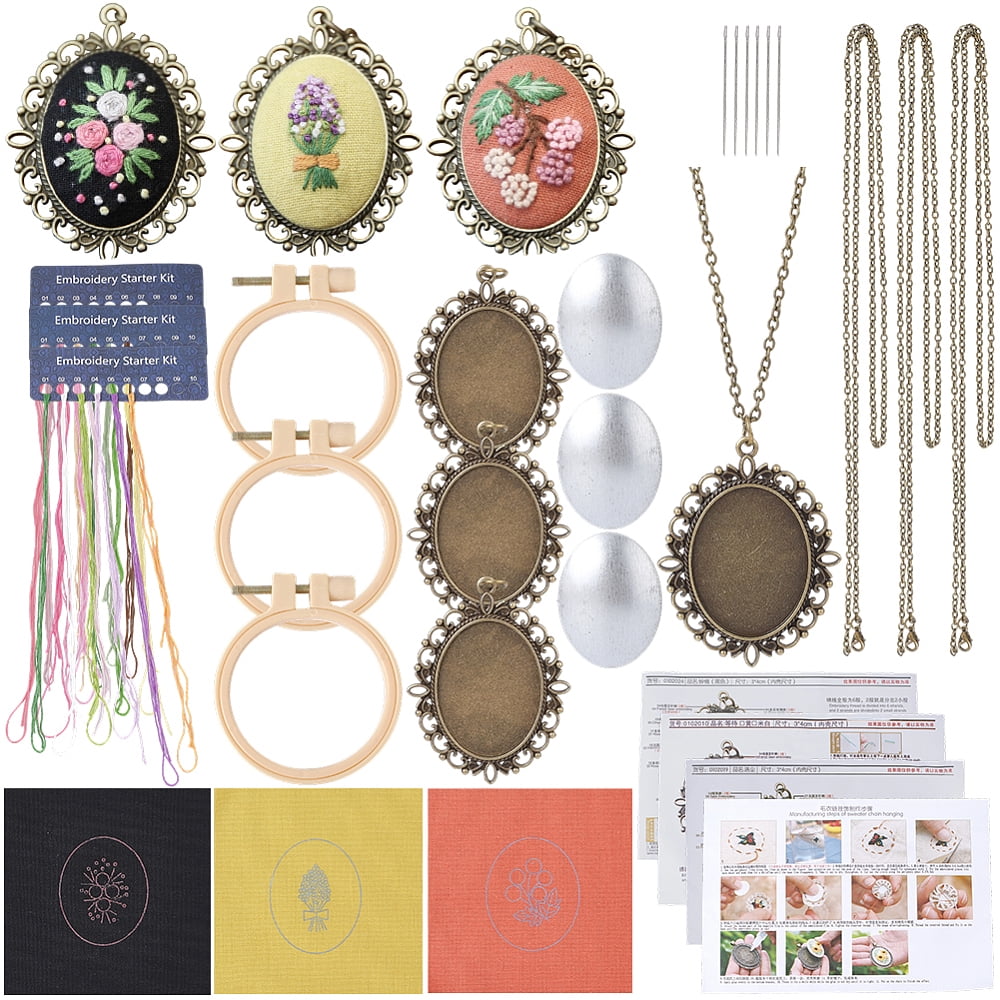 DIY 3 Sets Embroidery Necklace Kits Embroidery Necklace Pendant with ...