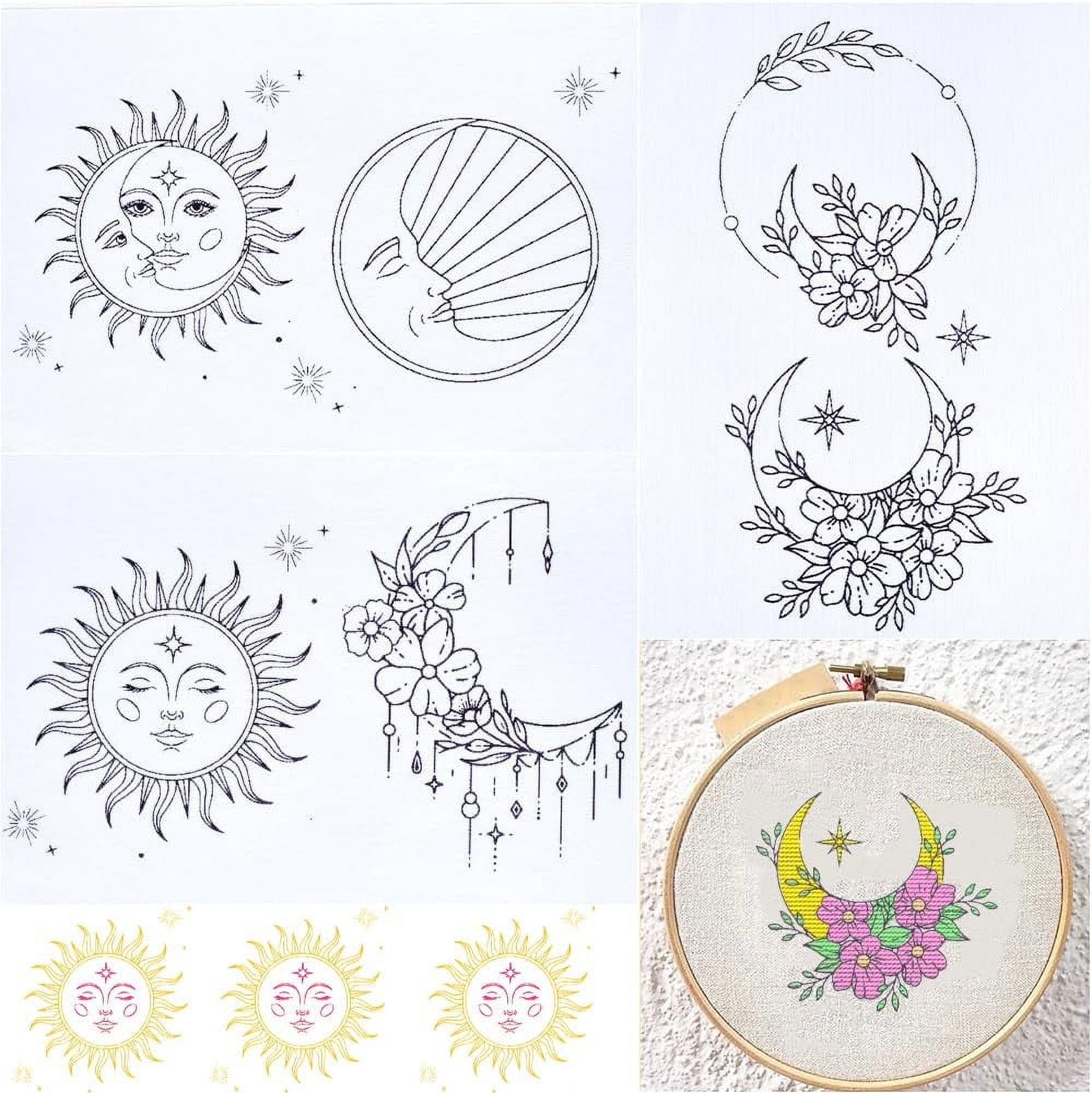 DIY 3 Sheets Sun and Moon Water Soluble Embroidery Patterns Stabilizers ...