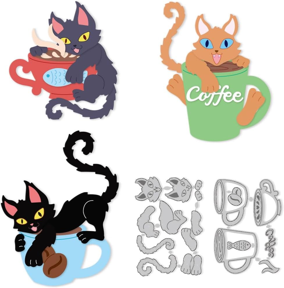 DIY 3 Styles Coffee Cat Cutting Dies Card Making Die Cut Carbon Steel ...