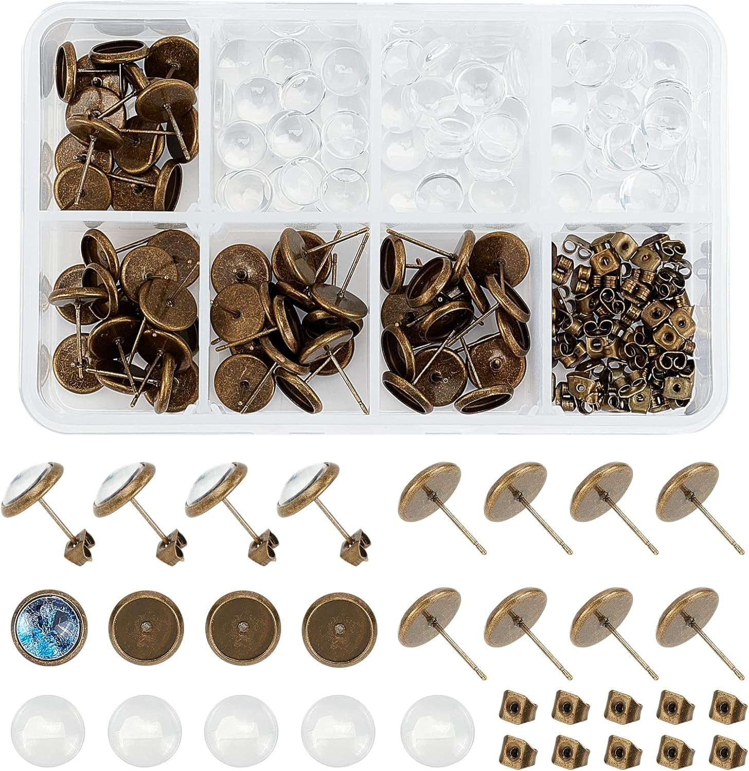 DIY 30 Pairs Half Round Earring Cabochon Settings 60pcs Glass Cabochon ...