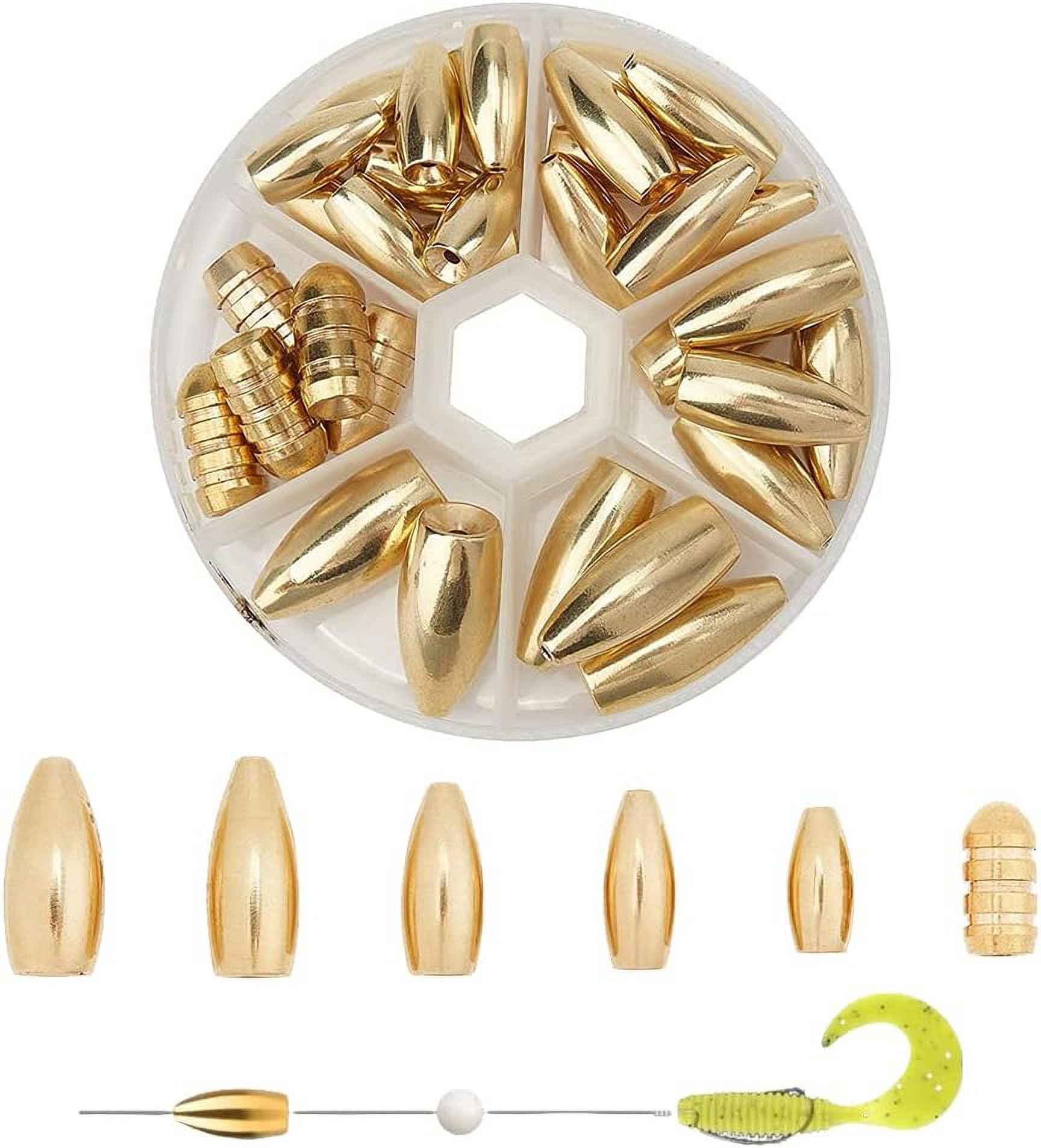 DIY 32pcs 6 Sizes Golden Brass Bullet Weight Fishing Weights Worm ...