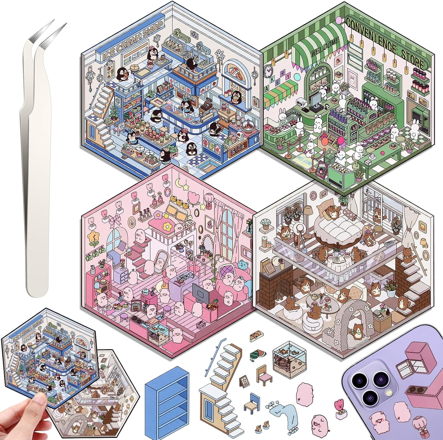 DIY 3D House Stickers, 4 Set Fun DIY Stickers Scene Make Your Own Warm ...