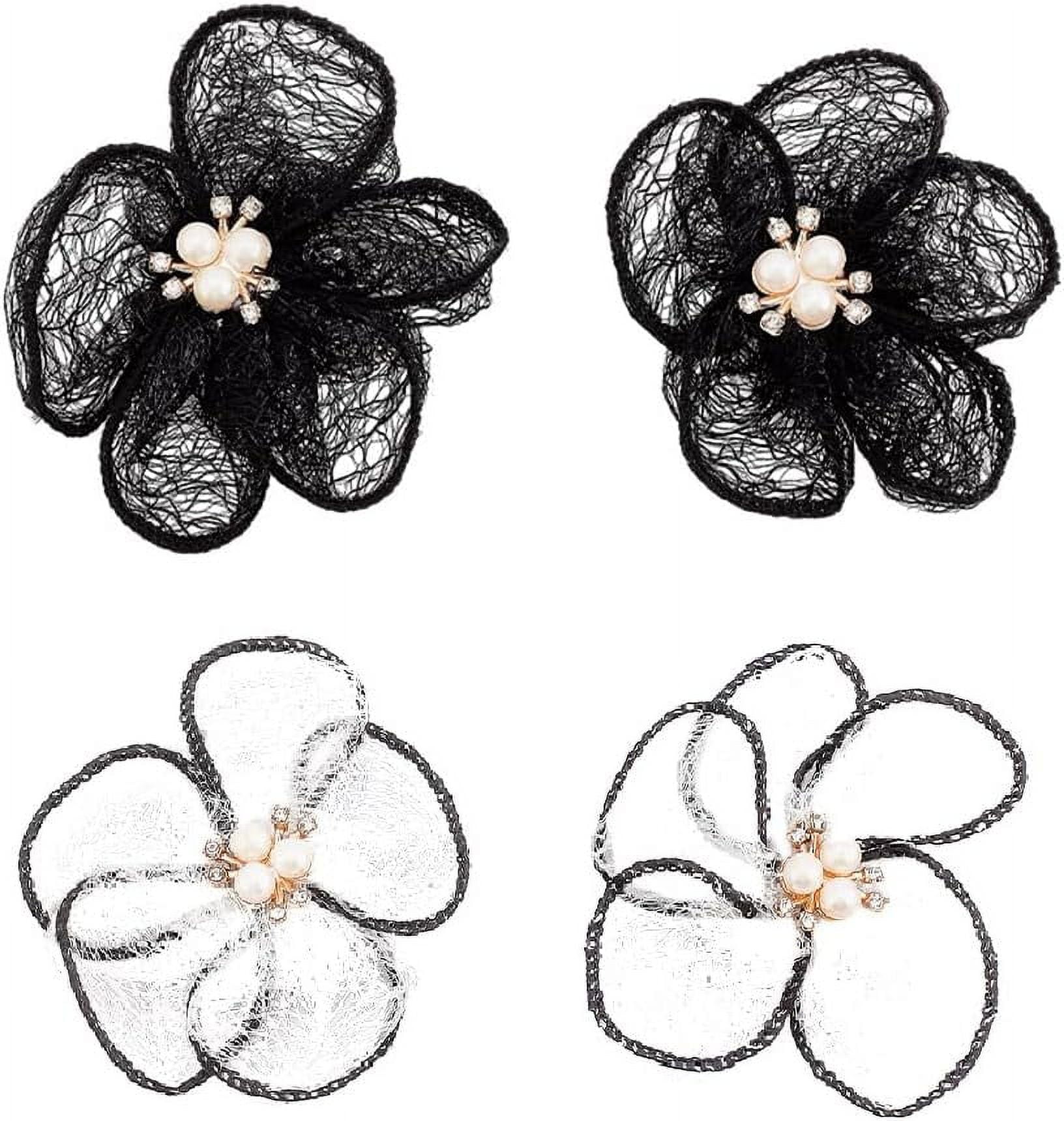 DIY 4 Pcs 2 Colors Flower Cloth Shoe Clips White & Black Fabric Floral ...
