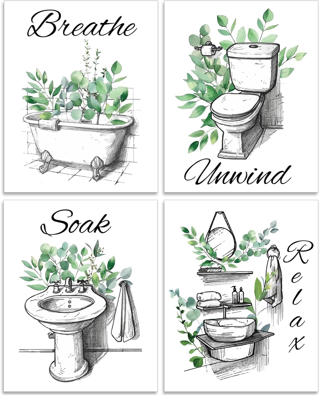 DIY 4 Pcs Green Bathroom Posters 4 Styles Unframed Bathtub Toilet Sink ...
