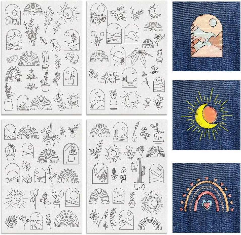 DIY 4 Sheets 100pcs Water Soluble Embroidery Patterns Boho Stitch ...