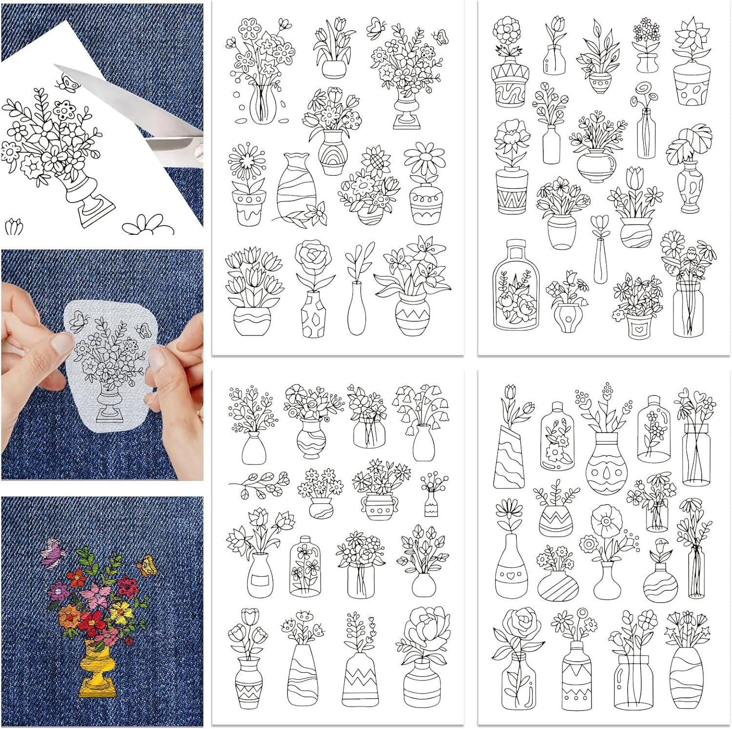 DIY 4 Sheets Flower Vase Pattern Water Soluble Embroidery Hand Sewing ...