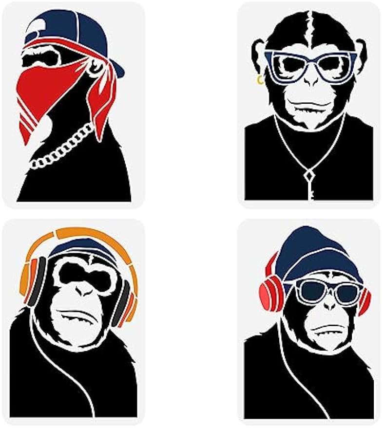 DIY 4Pcs 4 Styles Hiphop Chimpanzee Stencil 8.3x11.7inch Orangutan ...