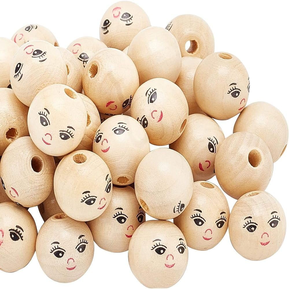 DIY 50Pcs Natural Wood Beads Round with Smile Face Burlywood 17.5x17mm ...