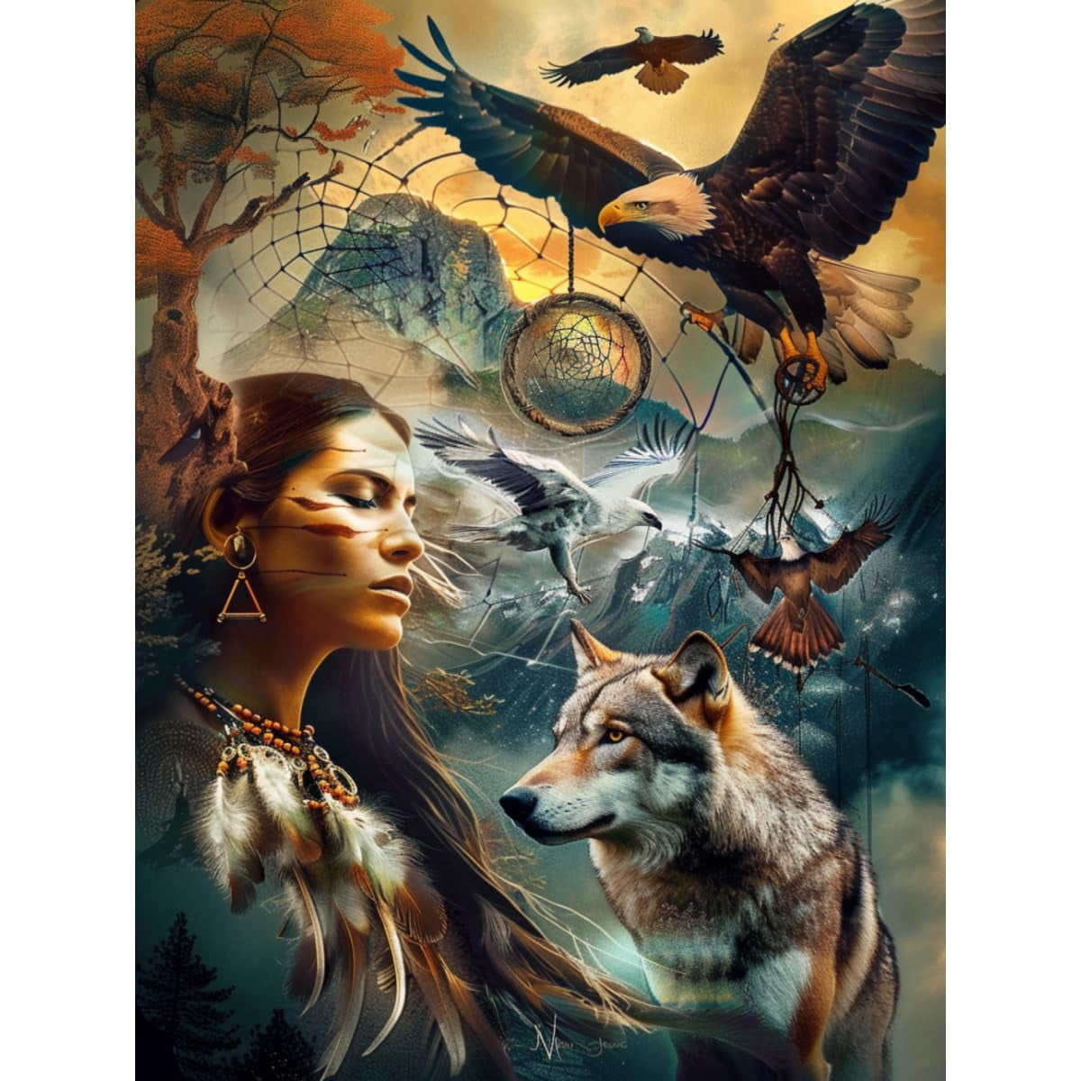 DIY 5D Diamond Art American Native Indian Beauty Wolf Mountain Paint ...
