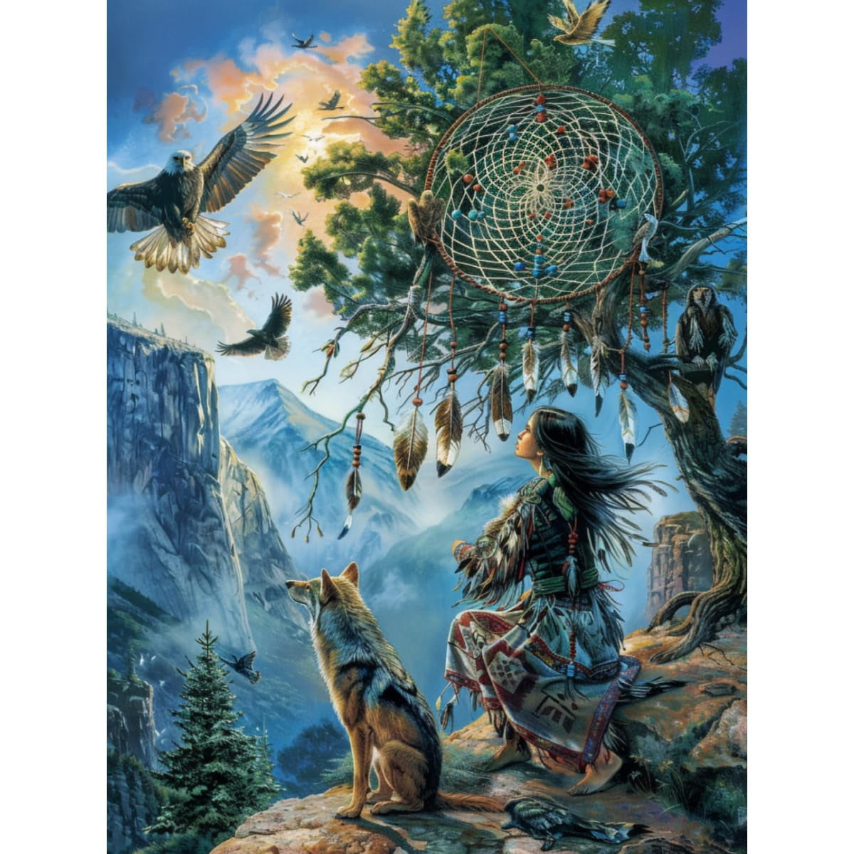 DIY 5D Diamond Art American Native Indian Beauty Wolf Mountain Paint ...