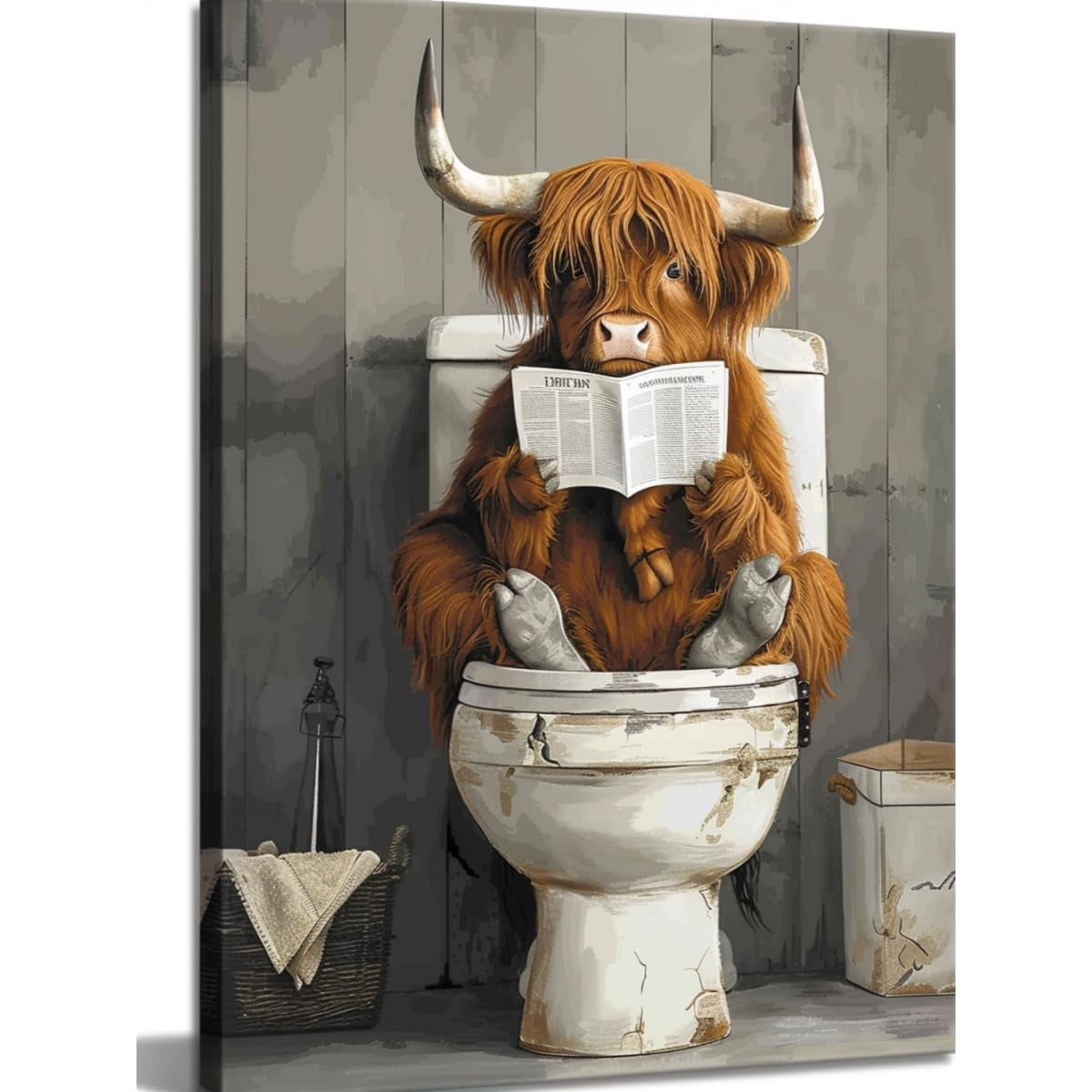 DIY 5D Diamond Art Highland Cow on Toilet Watch Newspaper Paint with ...