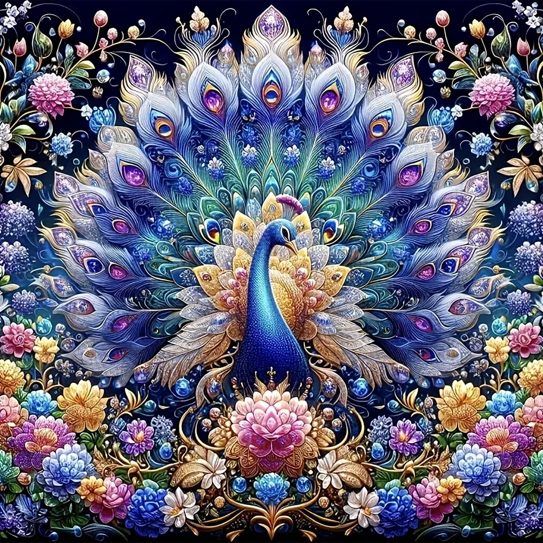 DIY 5D Diamond Painting, Elegant Blue Peacock Surrounded by Blooming ...
