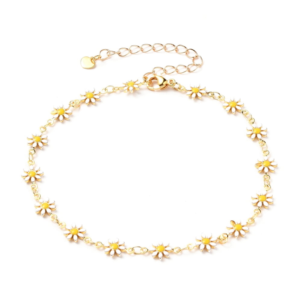 DIY 5pc Brass Enamel Daisy Link Chain Anklets with 304 Stainless Steel ...