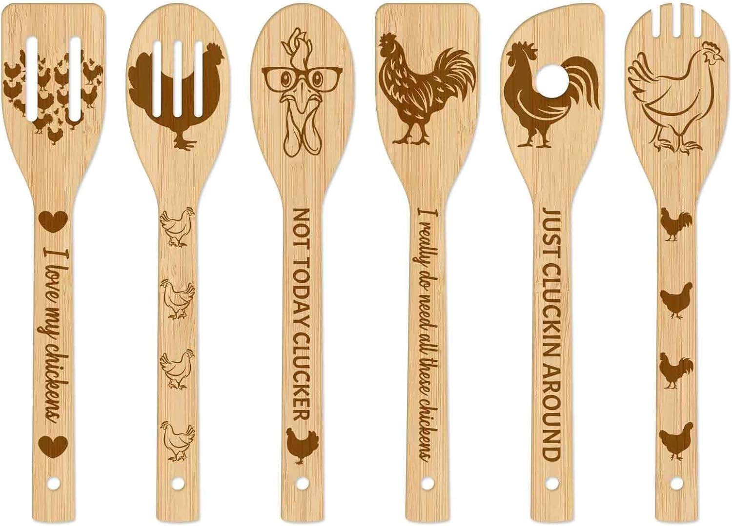 DIY 6Pcs Chicken Bamboo Cooking Utensils Wooden Engraved Cooking Spoons ...