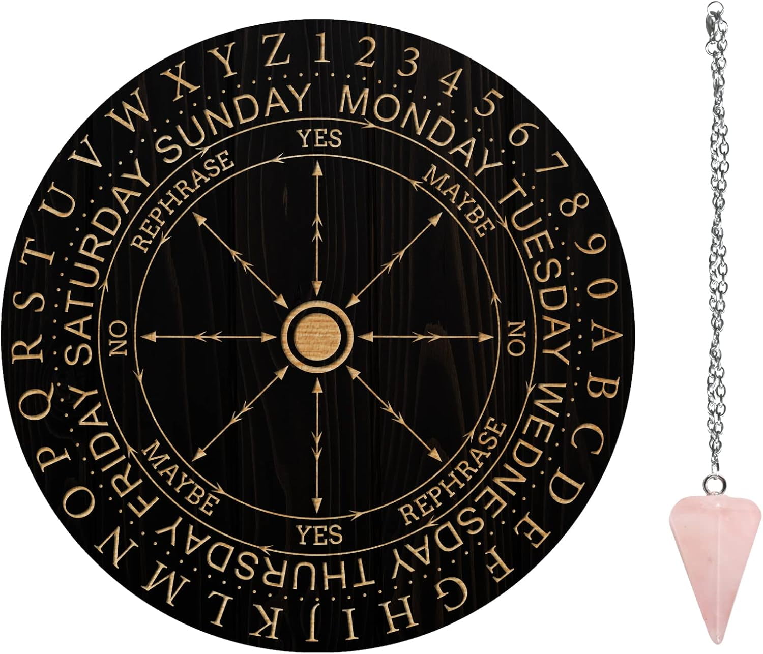 DIY 7.8" Witch Pendulum Board Wooden Dowsing Planchette with Rose Quartz Crystal Dowsing ...