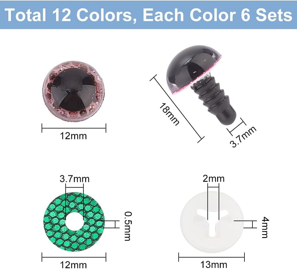 DIY 72 Sets Plastic Safety Eyes 12 Colors Stuffed Glitter Animal Eyes ...