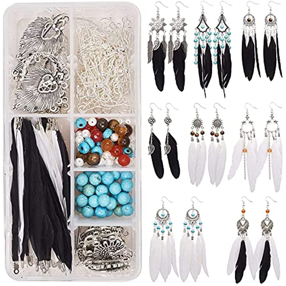 DIY 8 Pairs Bohemia Black White Long Feathers Dangle Hook Earring ...